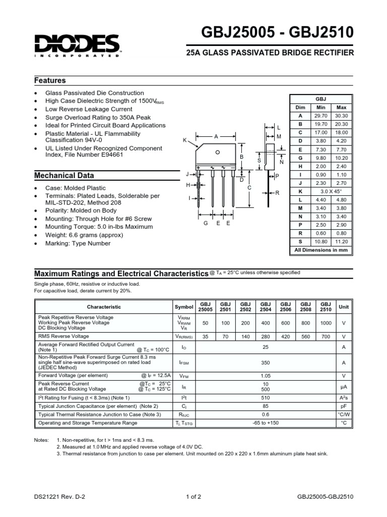 Datasheet Diode Chinh Luu Cau GBJ 2510 PDF | PDF | Rectifier | Capacitor