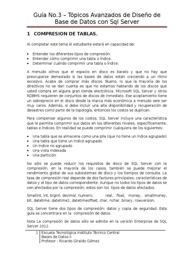 Guia No. 3 - Topicos Avanzados de Diseño de BD SQL Server | PDF | Tabla (base de datos ...