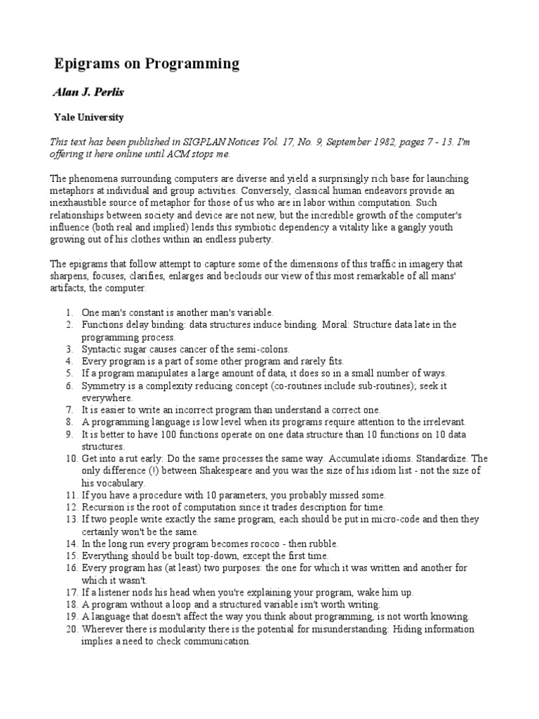 Epigrams On Programming: Alan J. Perlis | PDF | Computer Programming | Programming Language