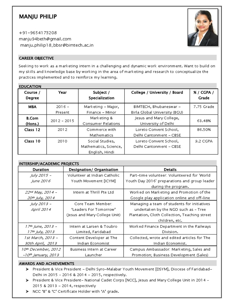 Manju Philip CV | PDF | Internship | Job Hunting