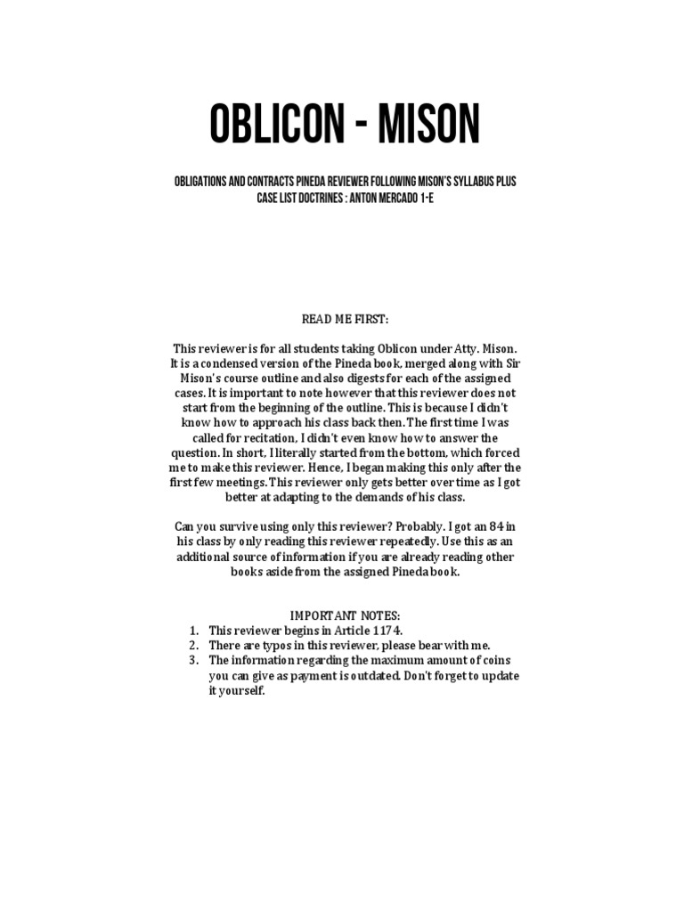 Oblicon Reviewer: Mison Syllabus & Cases | PDF | Loans | Usury