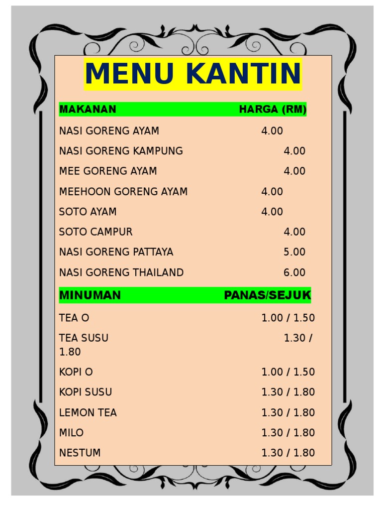 Kantin Menu: Affordable Malaysian Dishes | PDF | Cooking, Food & Wine