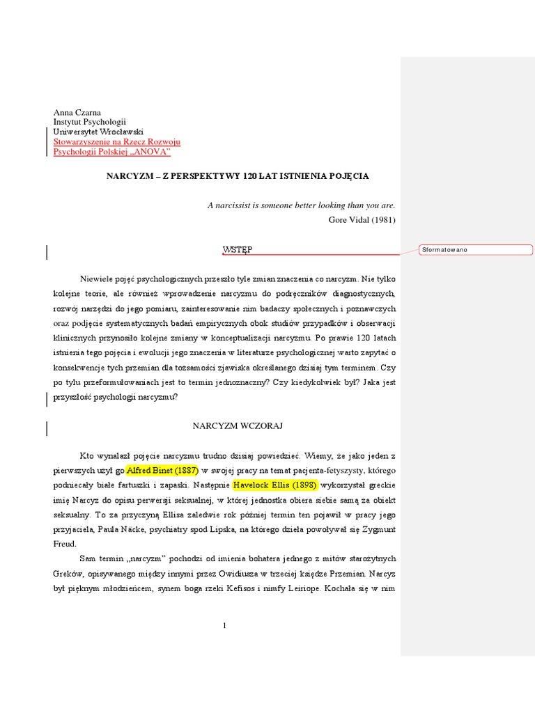 Narcyzm Z Perspektywy 120 Lat Istnienia Pojecia | PDF
