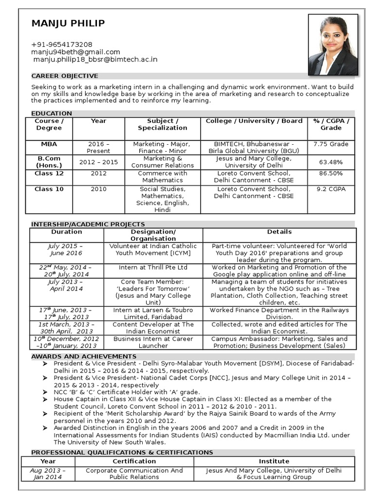 Manju Philip CV | Download Free PDF | Internship | Job Hunting