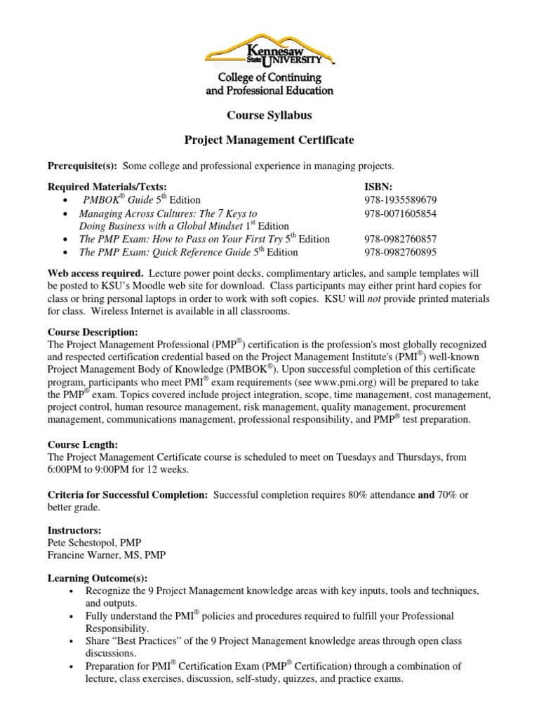 Course Syllabus - Project MAnagement Certificate - Kennesaw State ...