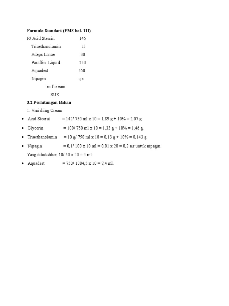 Vanishing Cream Formula Calculation | PDF