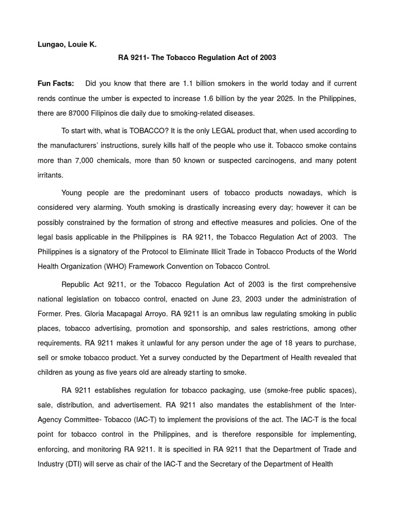 Ra 9211 | PDF | Tobacco Smoking | Addiction