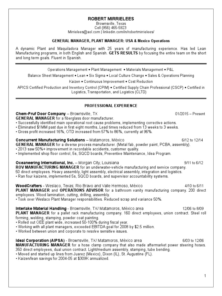 Manager General Plant Operations in Brownsville TX Resume Robert ...