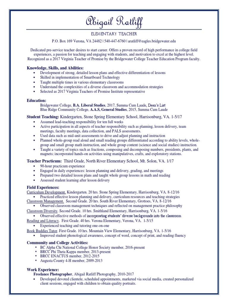 Ratliff Abigail Resume May 2017 | PDF | Teachers | Reading (Process)