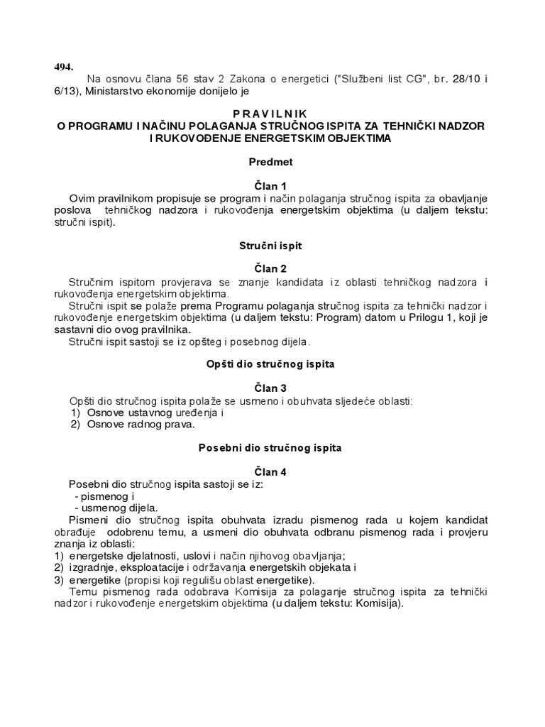 Pravilnik o Programu I Načinu Polaganja Stručnog Ispita Za Tehnički Nadzor I Rukovođenje ...