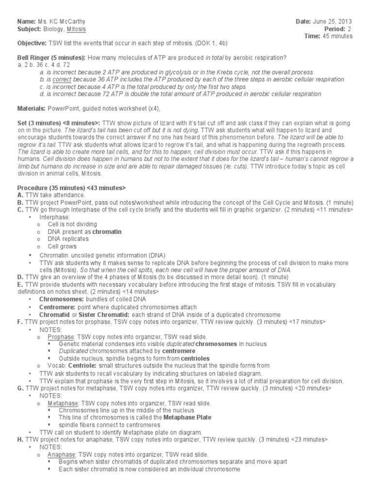 Mitosis Lesson Plan for Biology Class | PDF | Mitosis | Chromosome