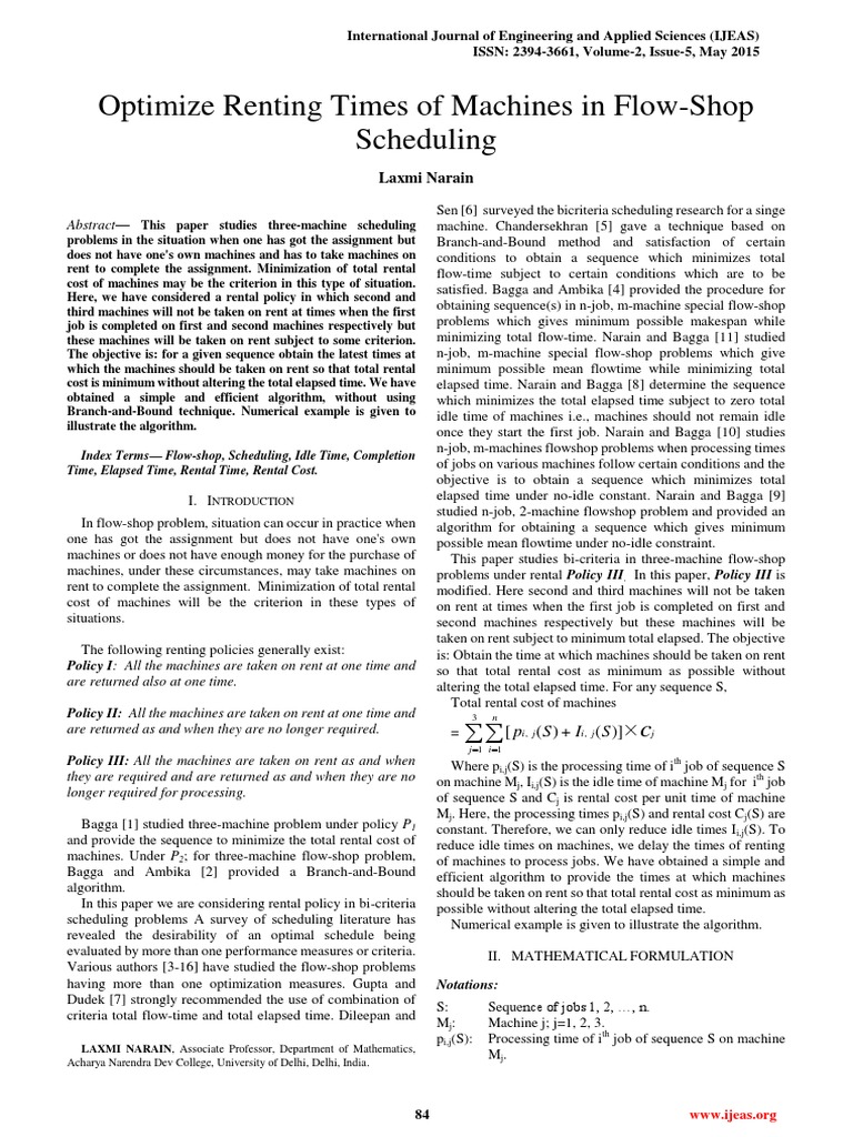 Optimize Renting Times of Machines in Flow-Shop Scheduling: Laxmi Narain | PDF | Scheduling ...