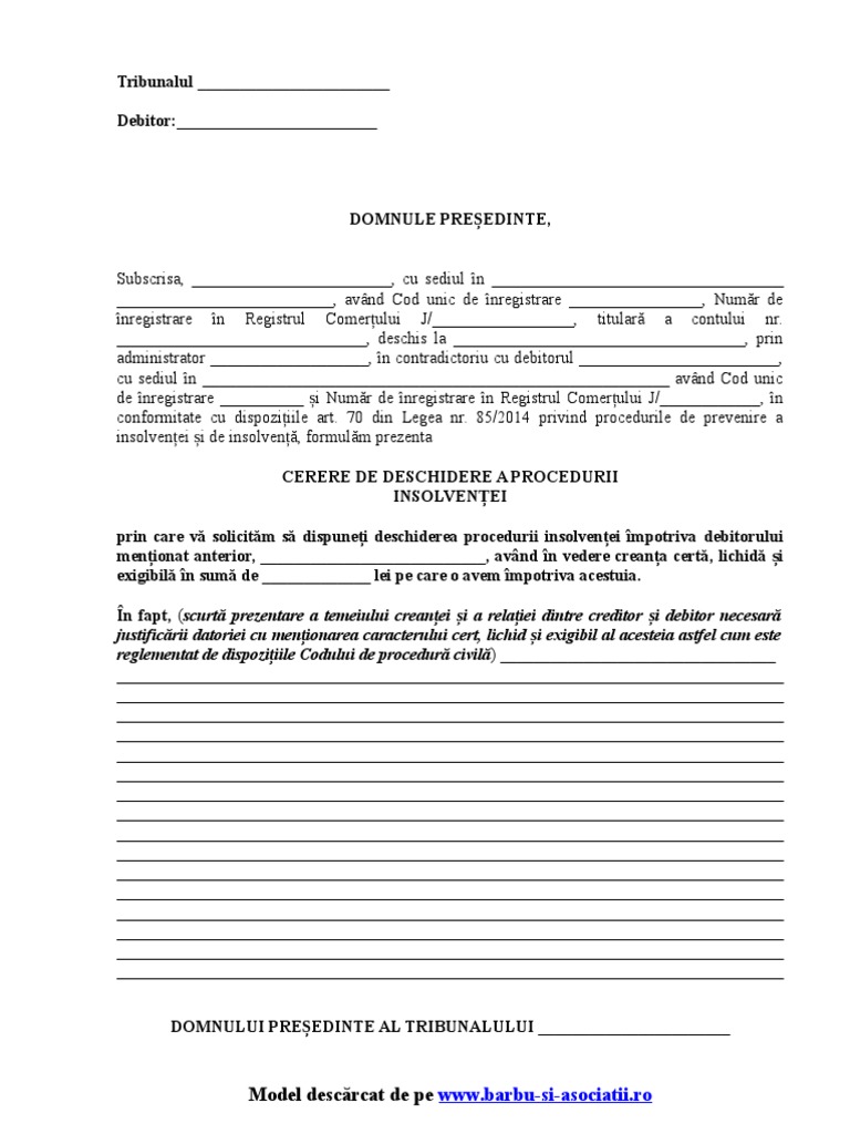 Schita Model Cerere de Deschidere Procedura Insolventa Formulata de Creditor | PDF