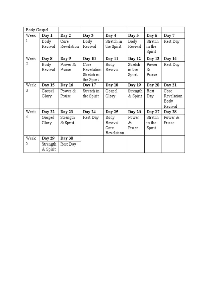 Body Gospel Workout Schedule | PDF