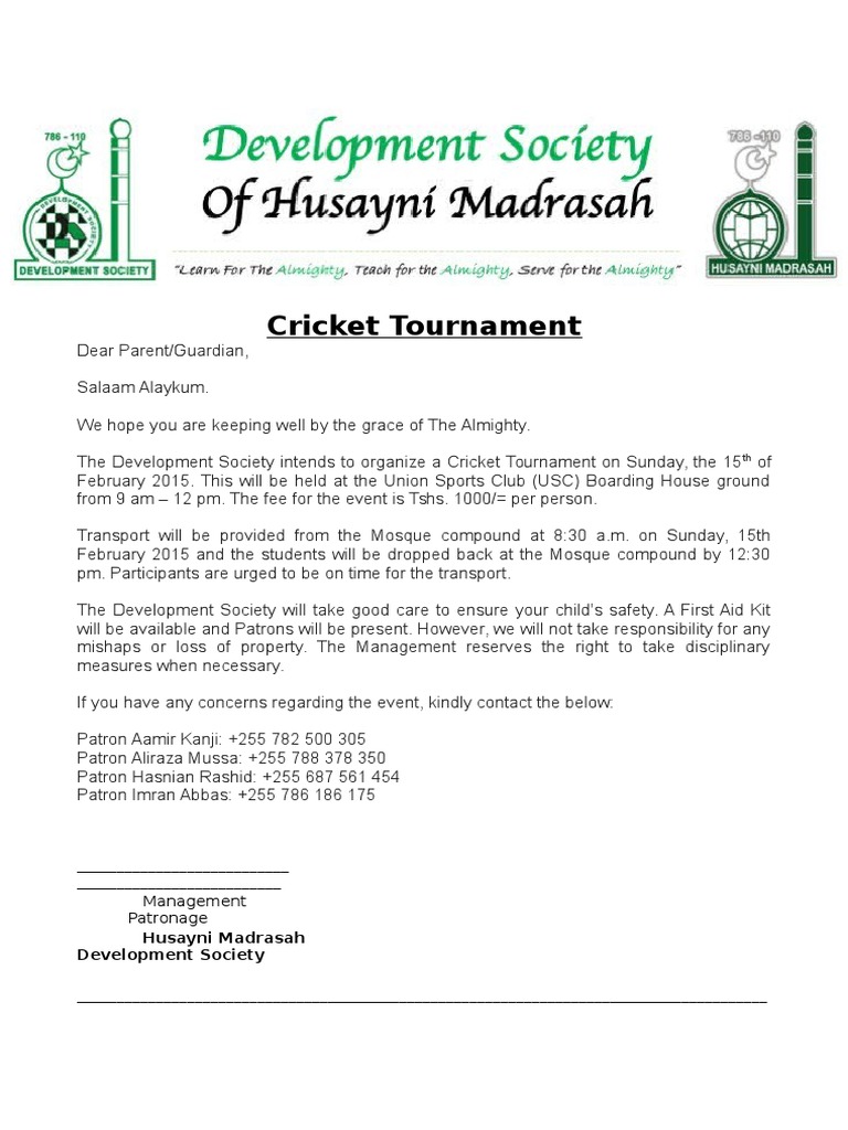 Cricket Tournament Consent Letter | PDF