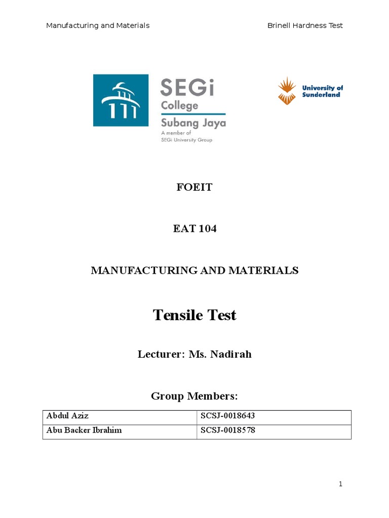 Brinell Hardness Test Analysis Report | PDF | Hardness | Chemical ...