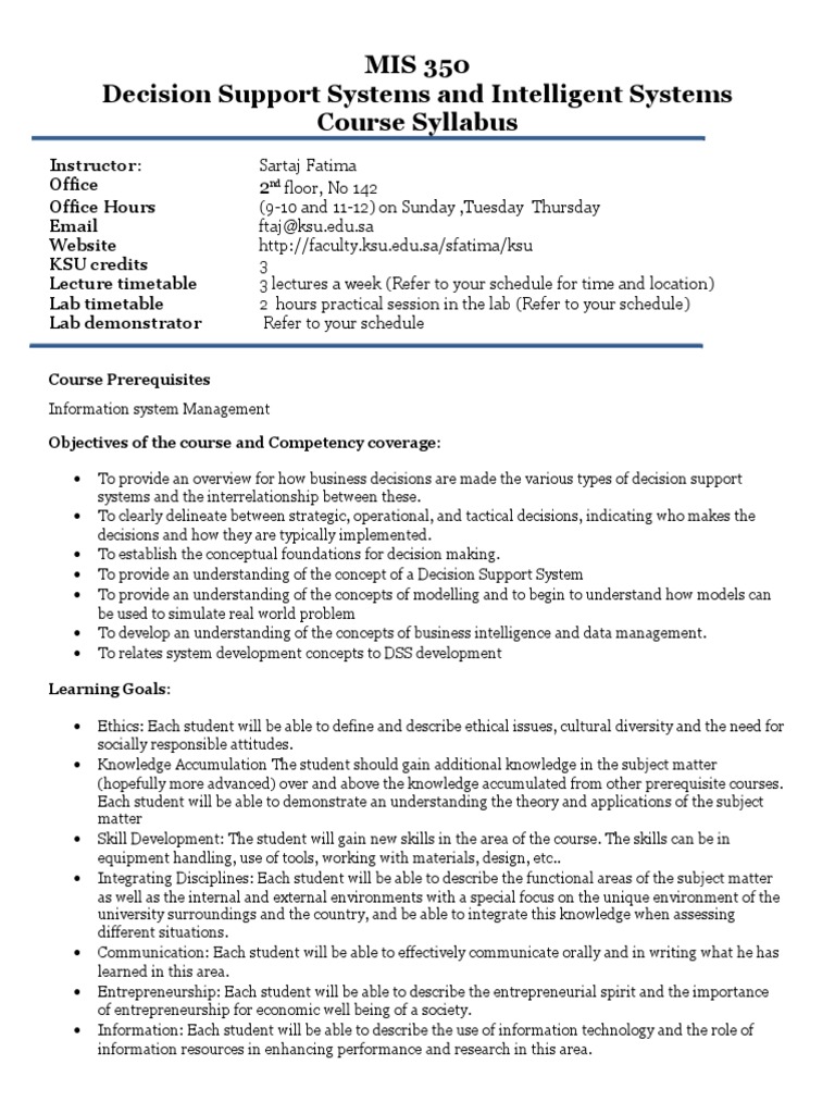 MIS 350 - Syllabus - 2 Sem 2016-17 | PDF | Decision Support System ...