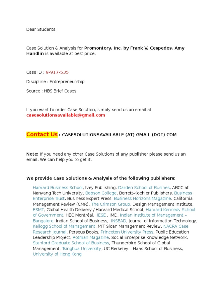 Case Solution for Promontory, Inc. | PDF | Career & Growth