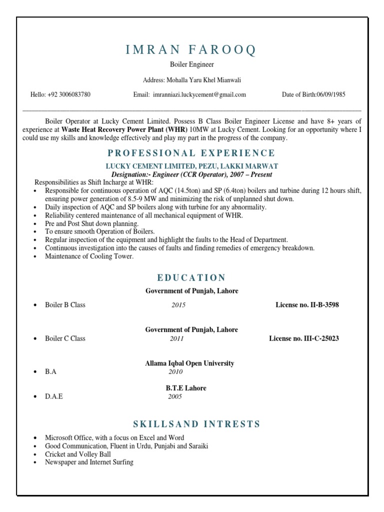 CV of Boiler Engineer | PDF | Energy Conversion | Energy Technology