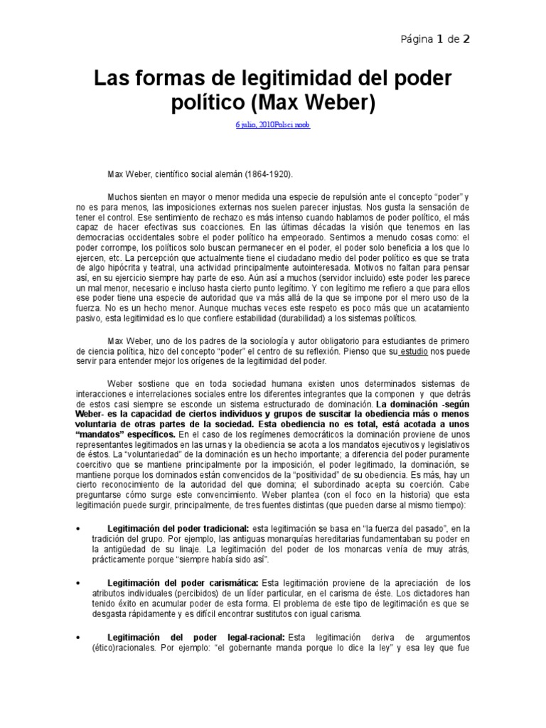 Las Formas de Legitimidad Del Poder Político | Democracia | Política