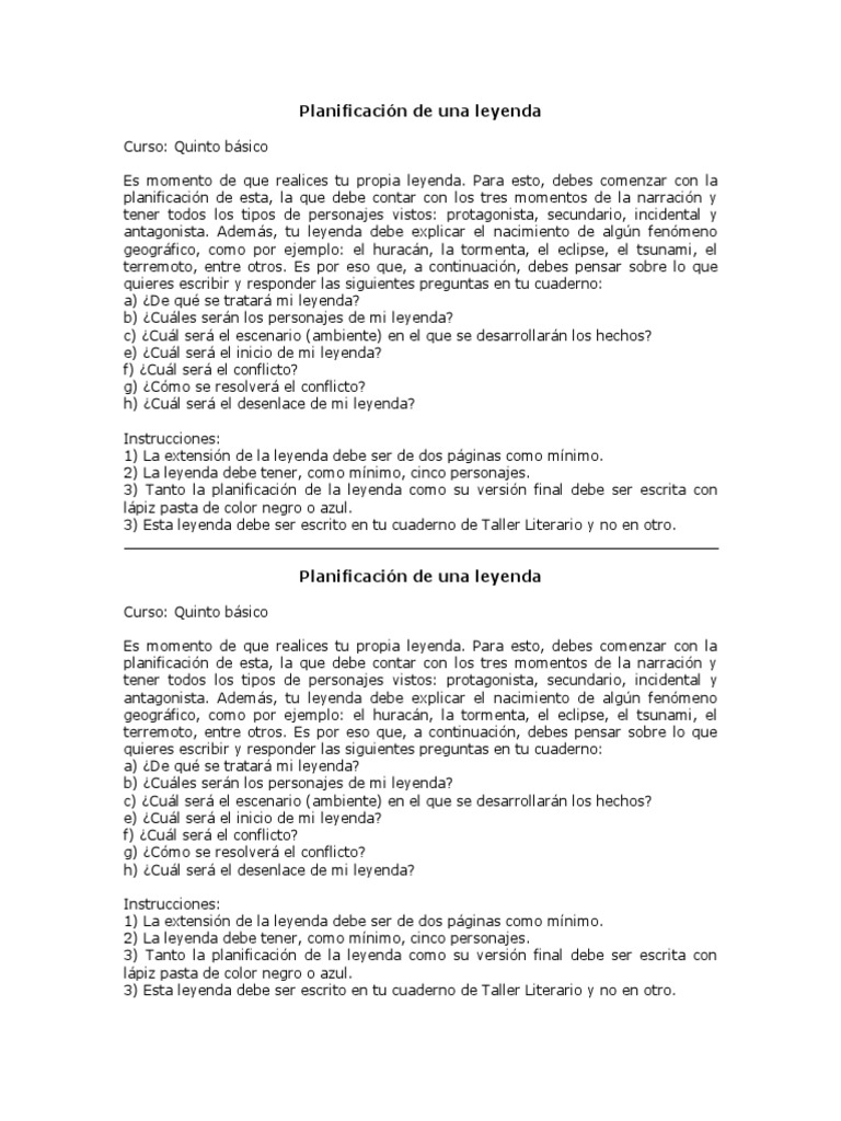 5° Básico. Guía. Planificación de Una Leyenda | PDF | Ocio