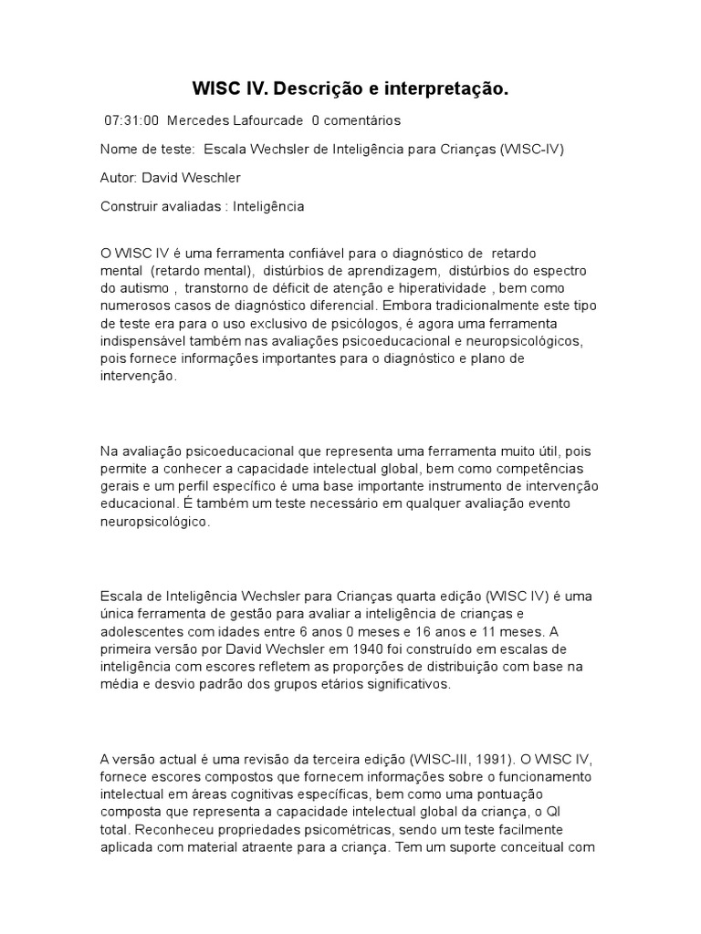 WISC IV Descrição e Interpretação | PDF | Quociente de inteligência ...