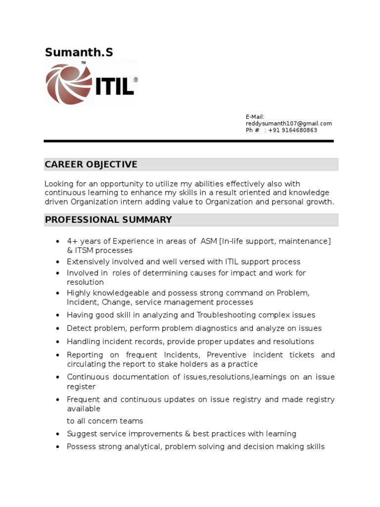 Sumanth 4+ Years Resume | PDF | Service Level Agreement | Itil