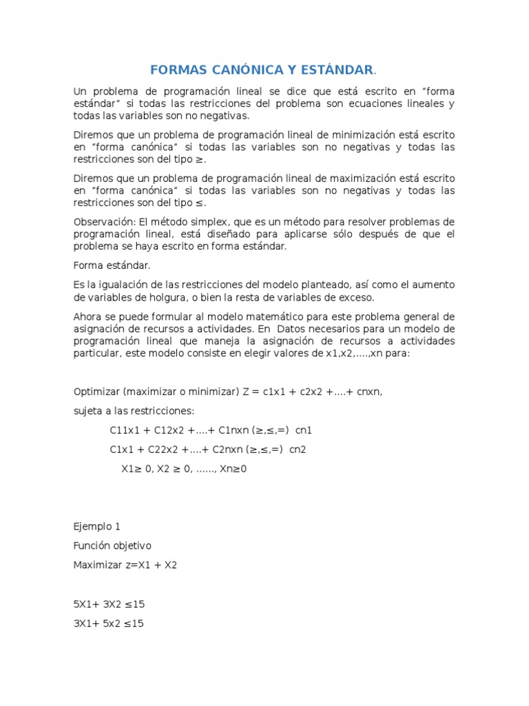 Formas Canonica y Estandar | PDF | Programación lineal | Ecuaciones