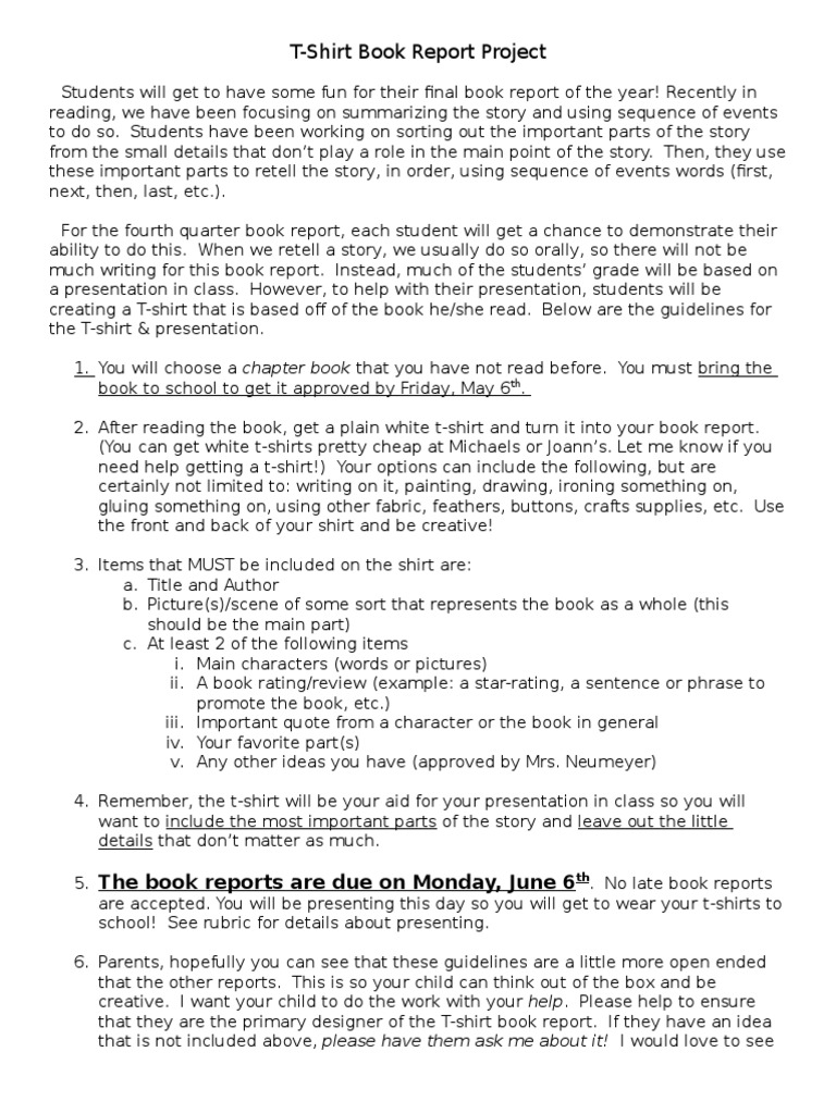 Creative T-Shirt Book Report Guide | PDF | T Shirt | Books