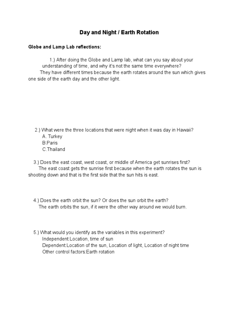 Day and Night / Earth Rotation: Globe and Lamp Lab Reflections | PDF ...