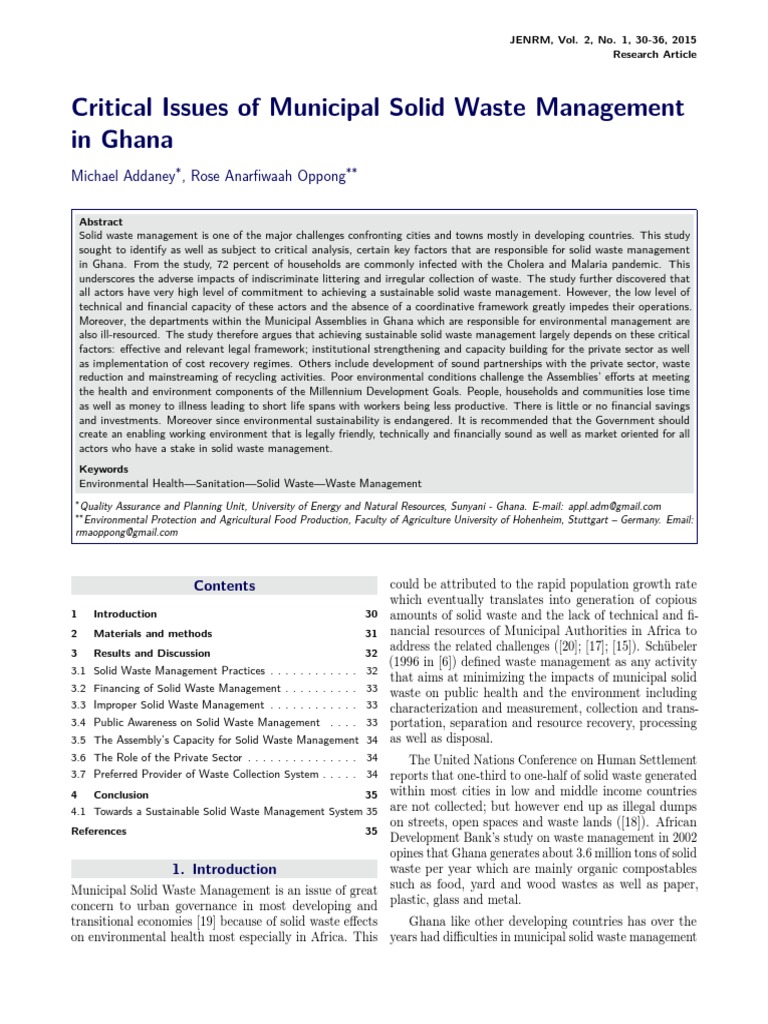 Critical Issues of Municipal Solid Waste Management in Ghana PDF | PDF ...