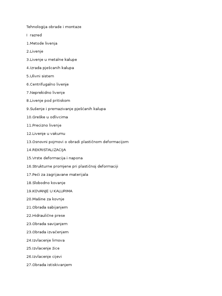 Tehnologija Obrade I Montaze Za I Razred Ispitna Pitanja | PDF