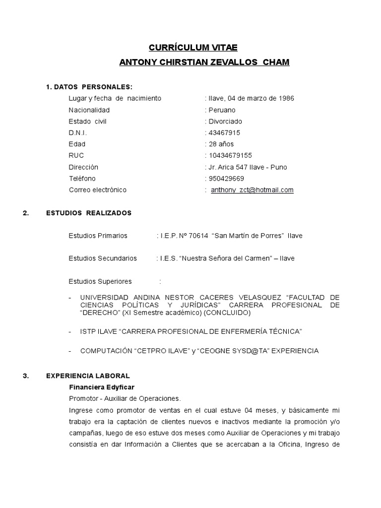 Curriculum Vitae - Antony | Descargar gratis PDF | Business