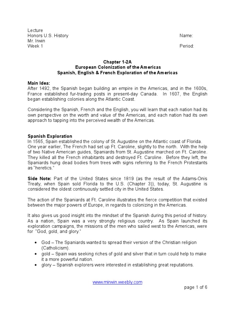 History, U.S. Honors - CH 1-2A Lecture | PDF | Jamestown, Virginia ...