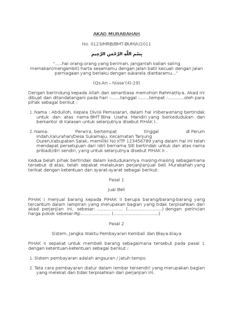 Contoh Akad Murabahah Syariah | PDF