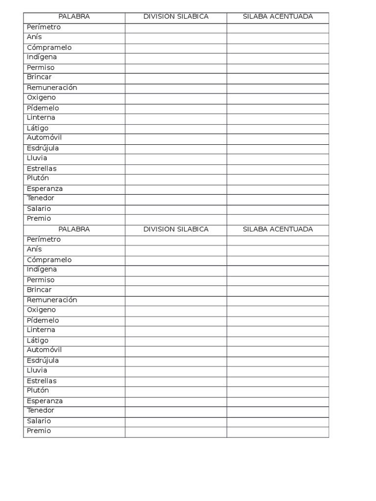 Palabras para Dividir en Silabas y Clasificarlas | PDF