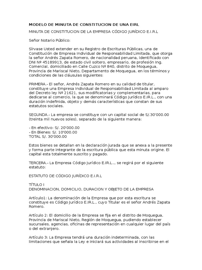 Modelo de Minuta de Constitucion de Una Eirl | PDF | Compañía de responsabilidad limitada ...