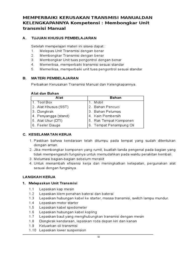 Jobsheet Membongkar Transmisi Manual 201 | PDF