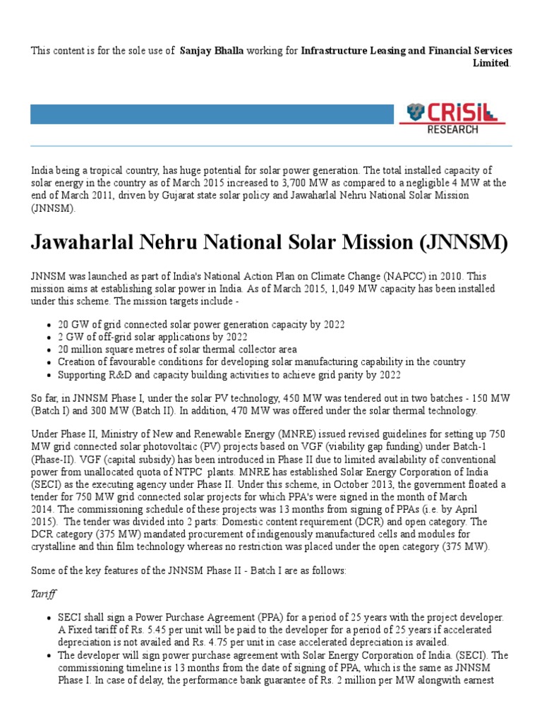 Jawaharlal Nehru National Solar Mission (JNNSM) : Tariff | PDF | Solar ...