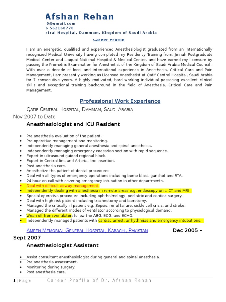 DR Afshan Rehan CV | PDF | Anesthesiologist | Anesthesia