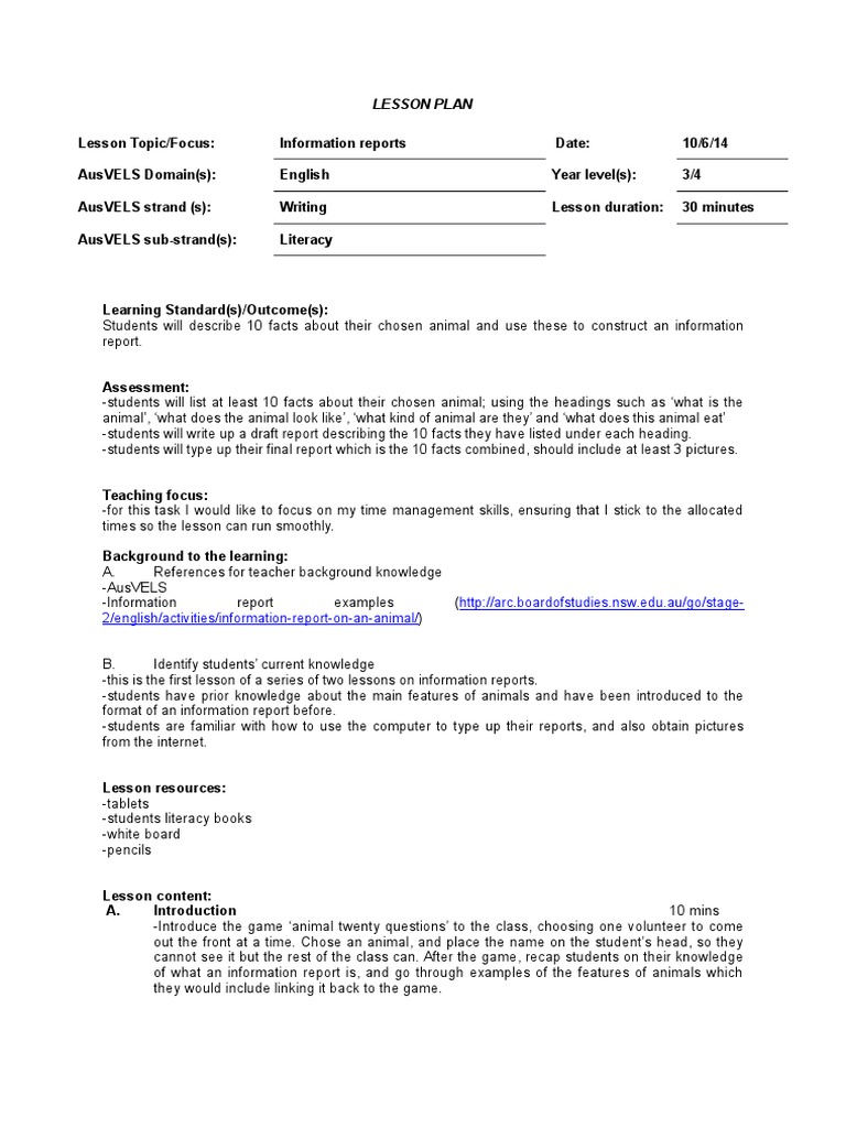 3 4 - Lesson Plan 1 - Information Report 1-3 | PDF | Lesson Plan ...