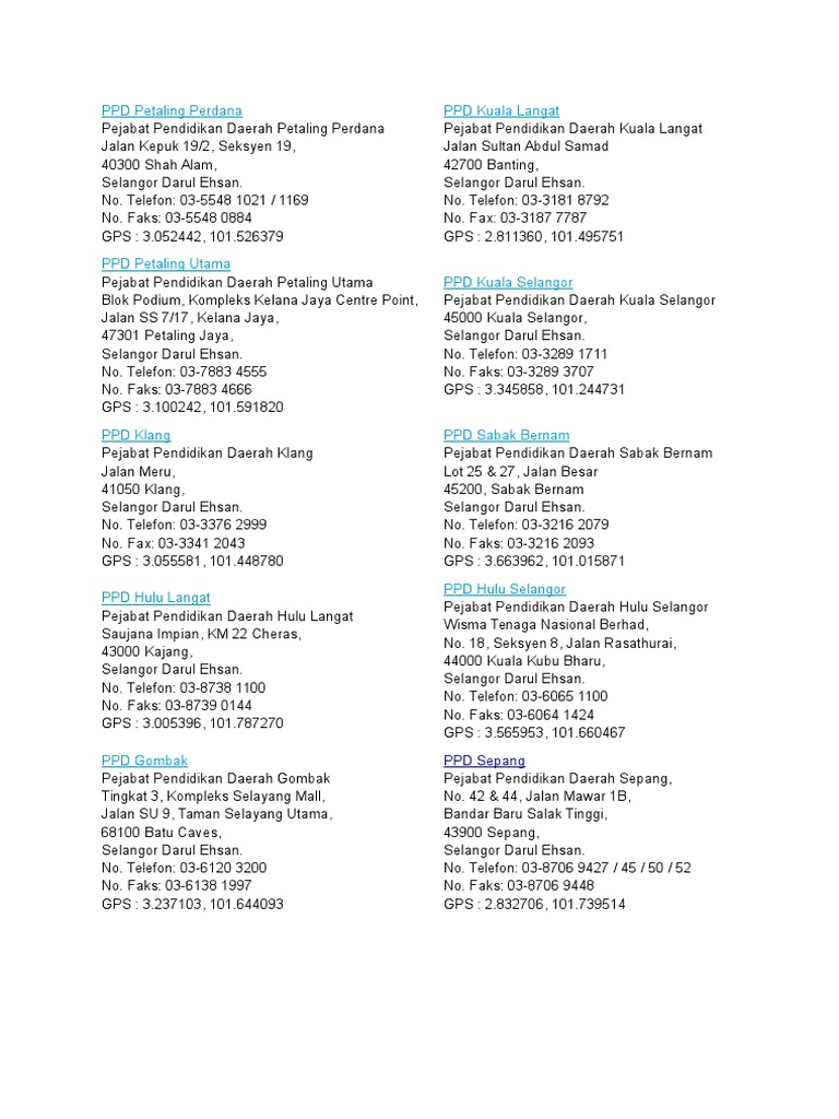Senarai Alamat PPD Selangor | PDF