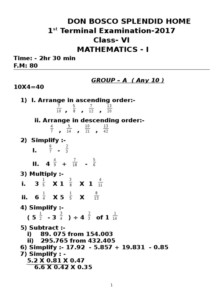 Don Bosco Splendid Home 1 Terminal Examination-2017 Class-VI ...
