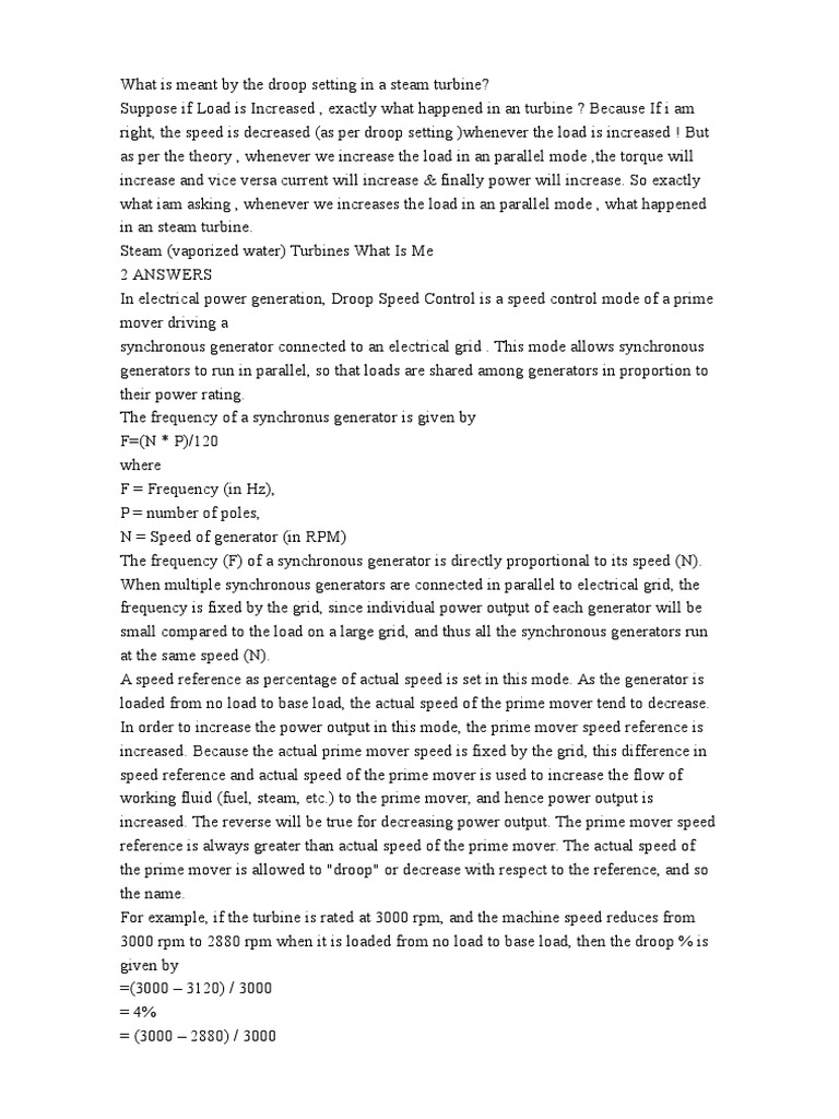 Droop Setting in Turbine | PDF | Power (Physics) | Physical Quantities