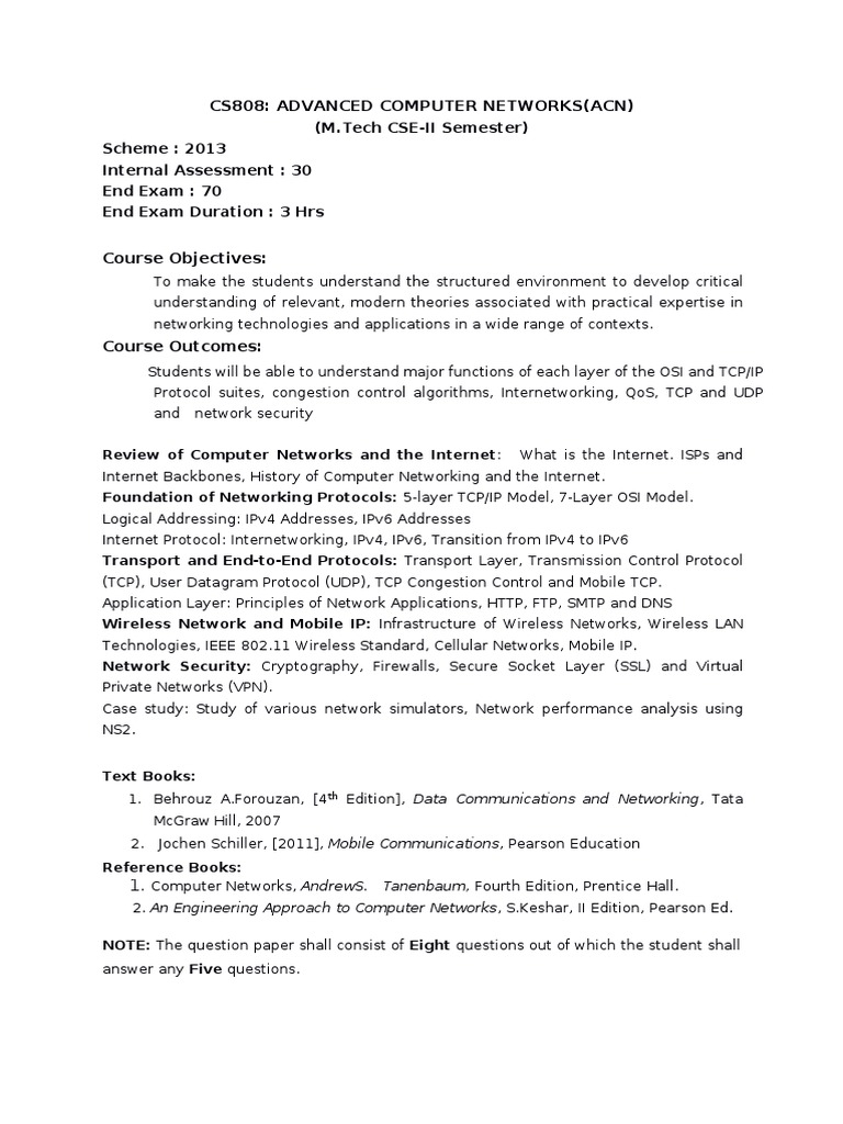 Advanced Computer Networks Syllabus: Course Objectives, Outcomes and ...