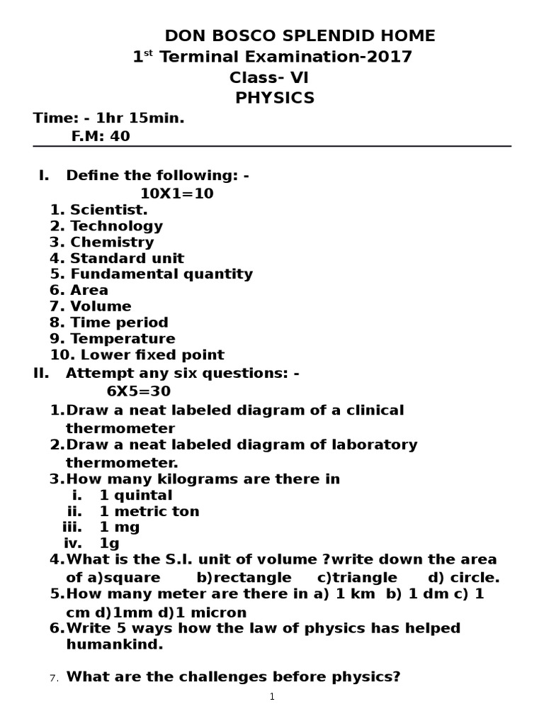 Don Bosco Splendid Home 1 Terminal Examination-2017 Class-VI Physics | PDF