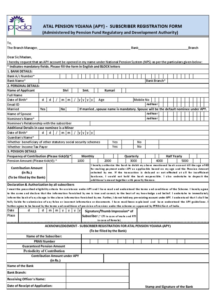 APY Subscriber Registration Form | PDF | Public Economics | Retirement