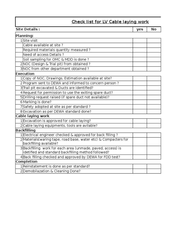 LV Cable Laying Checklist | PDF | Computers | Technology & Engineering