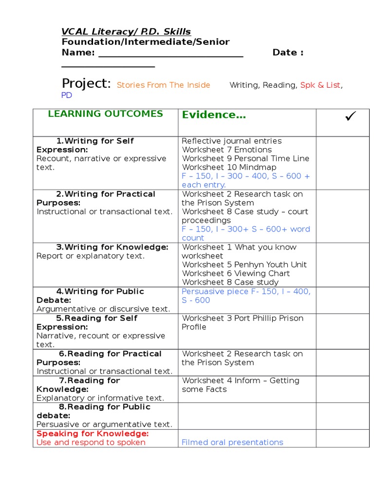 Vcal Assessment Sheet-1 Stories | PDF | Reading (Process) | Narrative