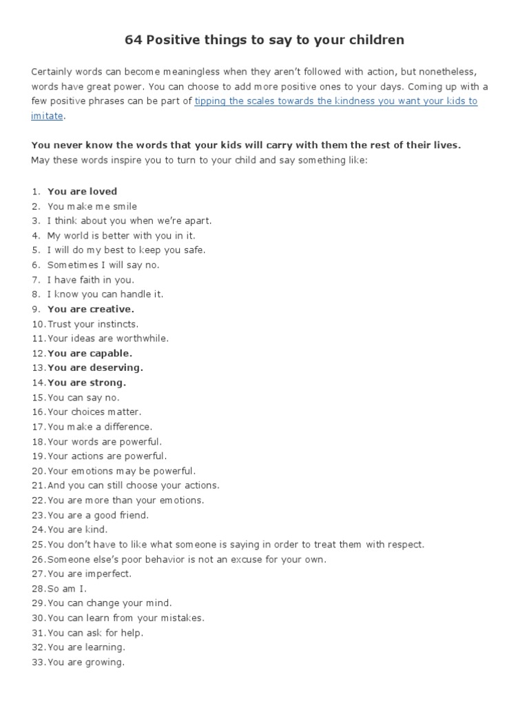 64 Positive Things To Say To Your Children PDF | PDF